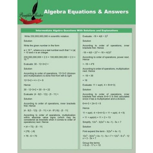 Algebra Equations & Answers Paperback, Speedy Publishing LLC - 가격 변동 추적 ...