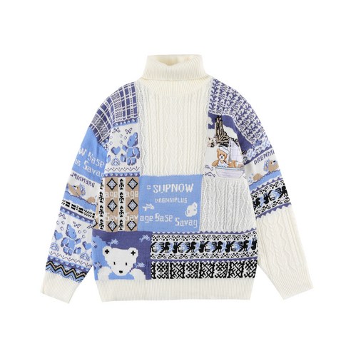 ANKRIC 남성 니트 일본 빈티지 베어 컬러 매칭 니트웨어 가을과 겨울 두꺼운 따뜻한 하이 칼라 커플 남성과 여성을위한 크리스마스 스웨터